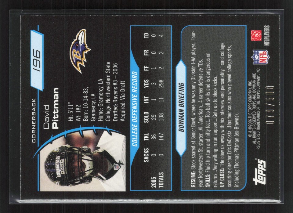 David Pittman 2006 Bowman Rookie #196 Blue Parallel /500 {0620 | eBay