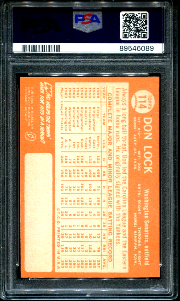 1964 Topps #114 DON LOCK Washington Senators PSA 8 NM-MT HIGH END! | eBay