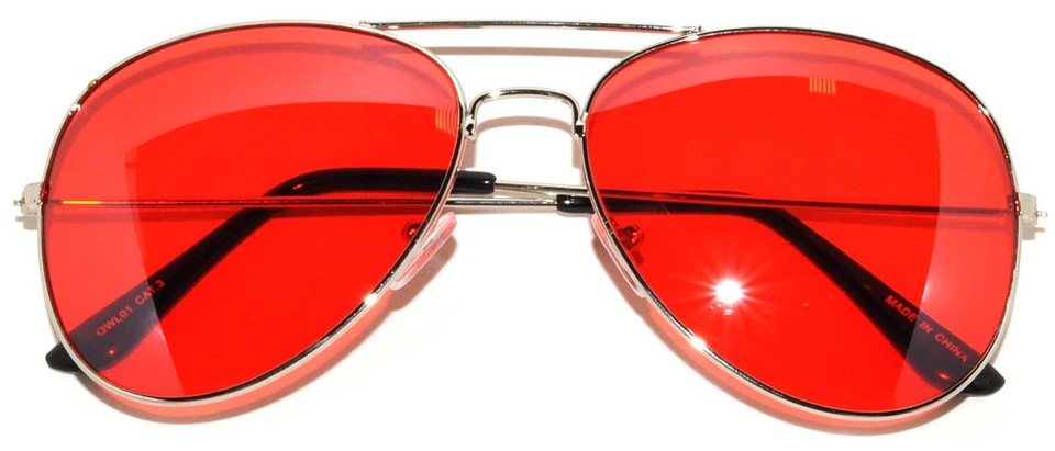 AVIATOR STYLE RED LENS MEN WOMEN SUNGLASSES SILVER METAL FRAME SHADES ...