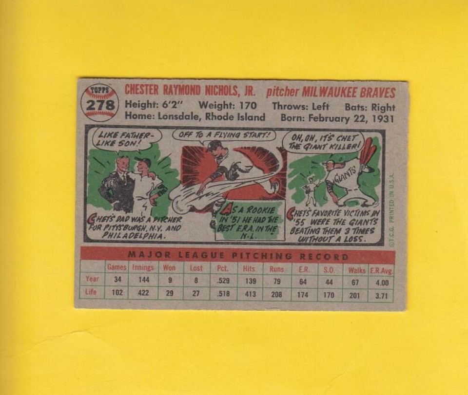 1956 Topps #278 Chet Nichols Milwaukee Braves EX+ Excellent+ Lot #15246 ...
