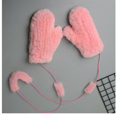 Real Pink Rex Rabbit Fur Winter Warm Gloves Mittens With Hanging String ...