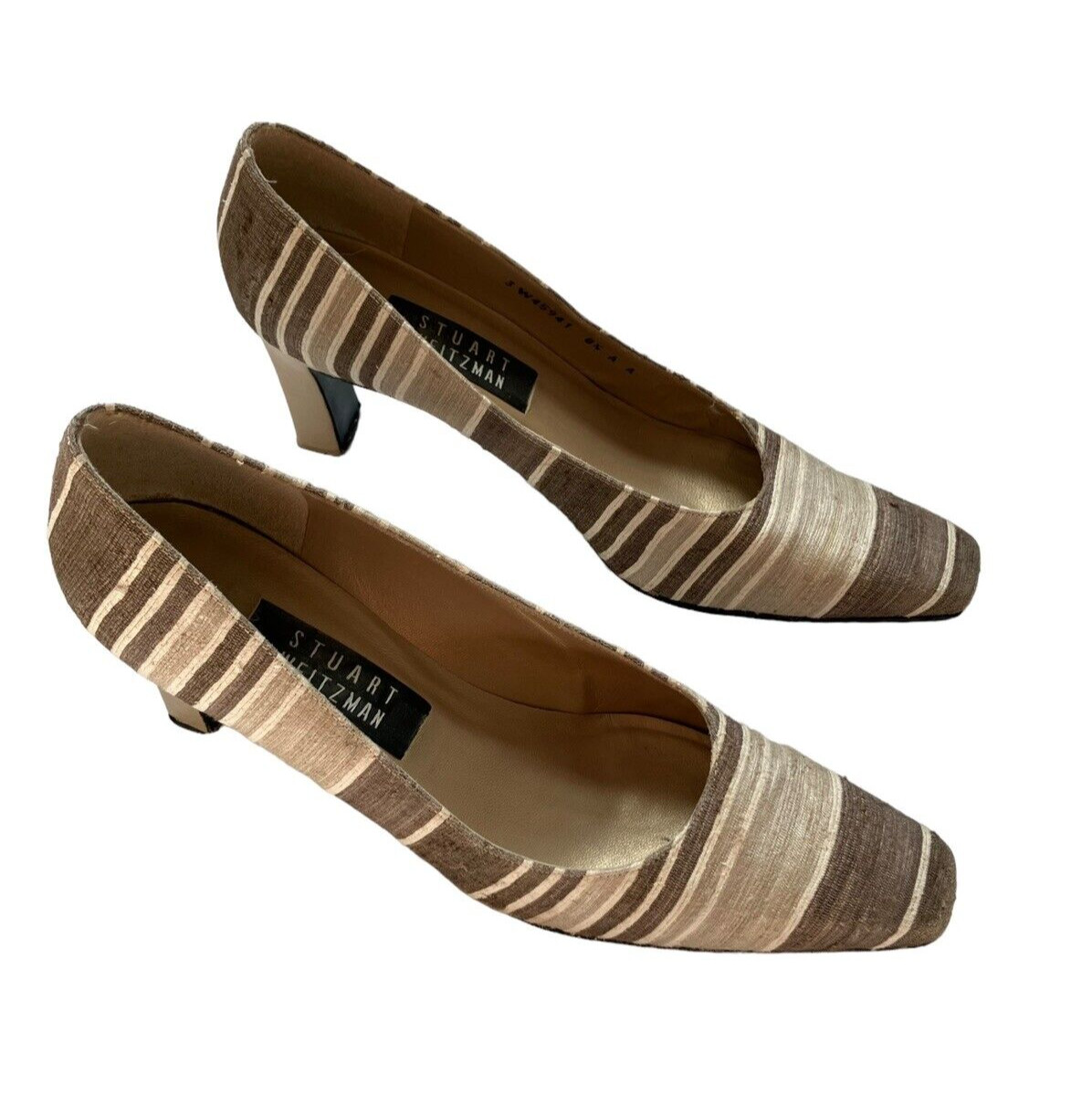 STUART WEITZMAN Women Beige Striped Fabric Heel Pump … - Gem