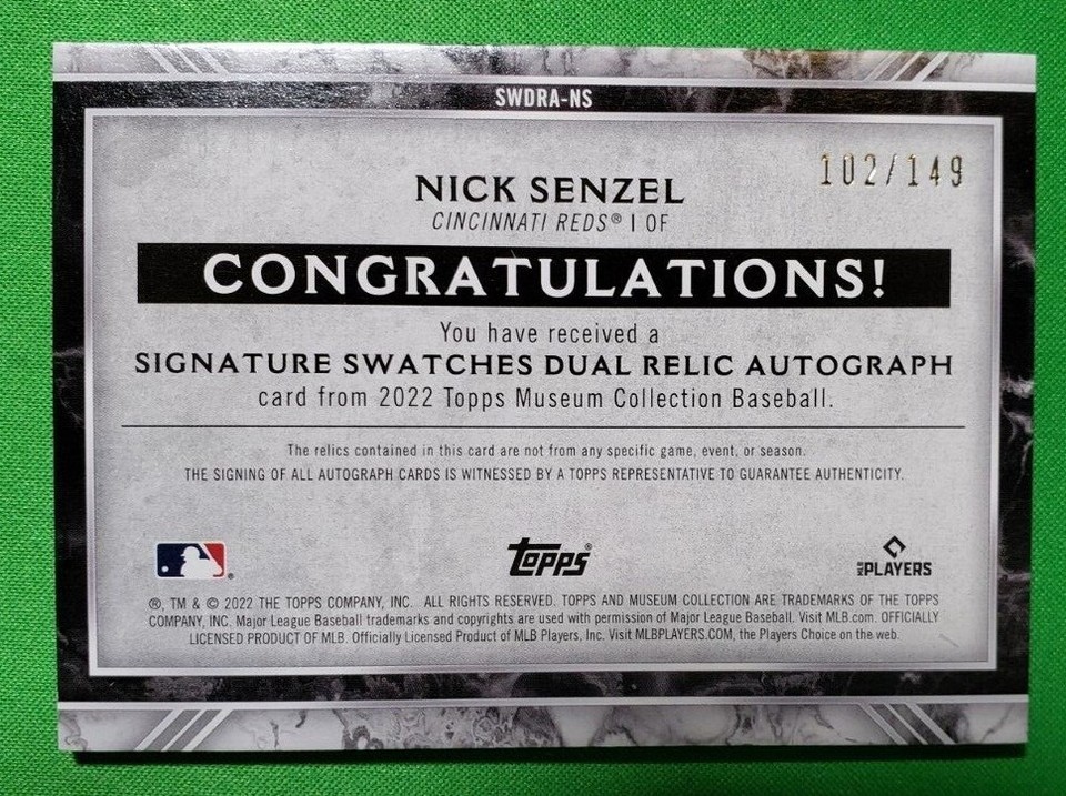 2022 Topps Museum Collection Nick Senzel Dual Relic Auto /149 REDS | eBay