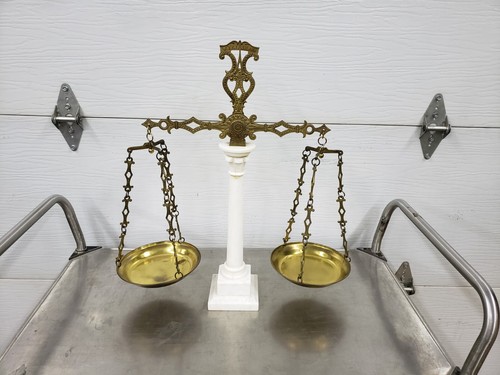 VINTAGE GIULIANI CREATION BRASS, WHITE MARBLE BALANCE SCALES OF JUSTICE ...