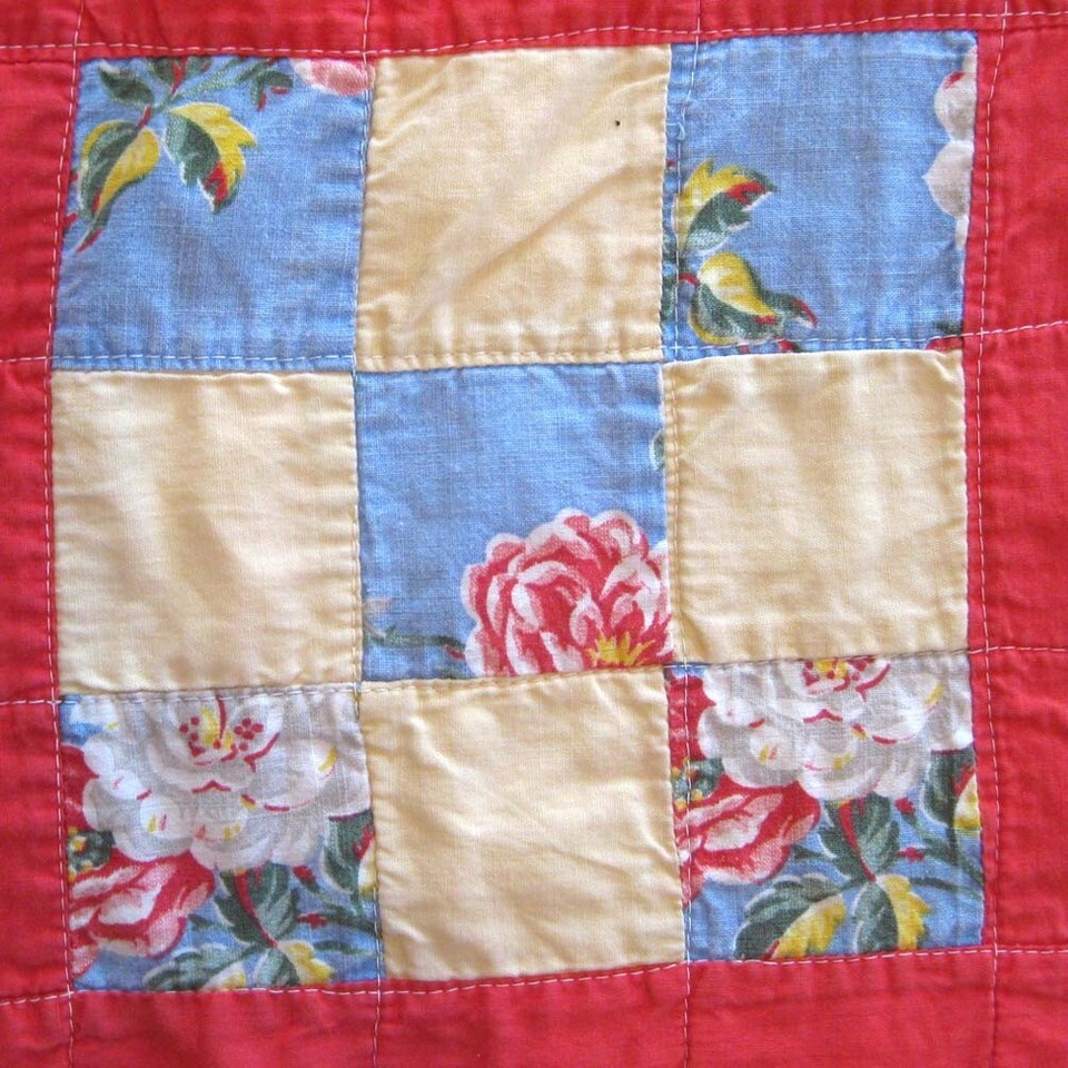 Vintage Nine Patch Quilt Full 82" x 76" Red Sashing Machine Stitched | eBay