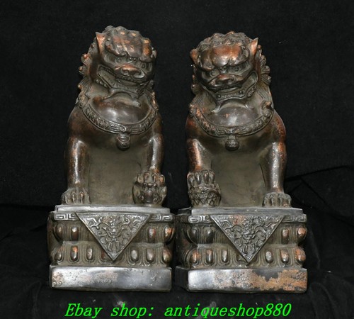 8.2''Old Chinese Bronze Fengshui Foo Fu Dog Guardion Lion Animal Statue ...