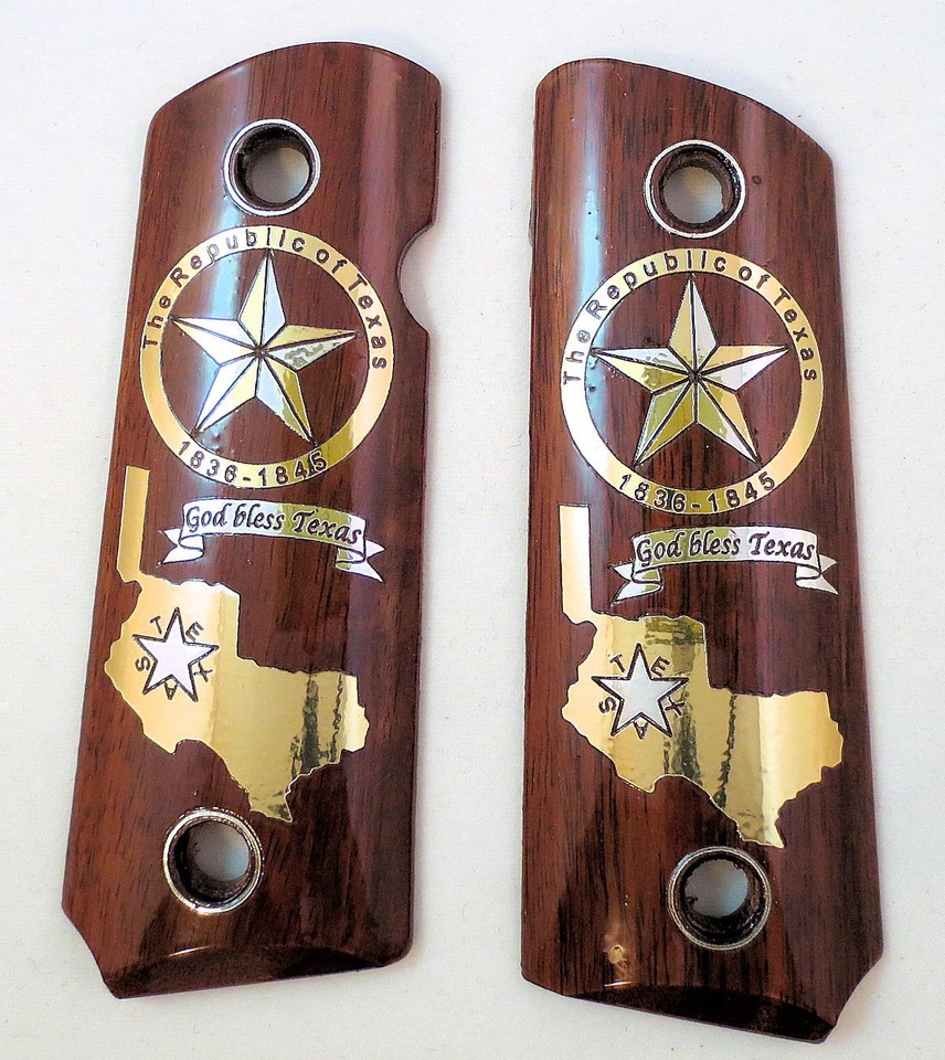 Compact 1911 custom engraved wood grips gold silver Republic of Texas ...