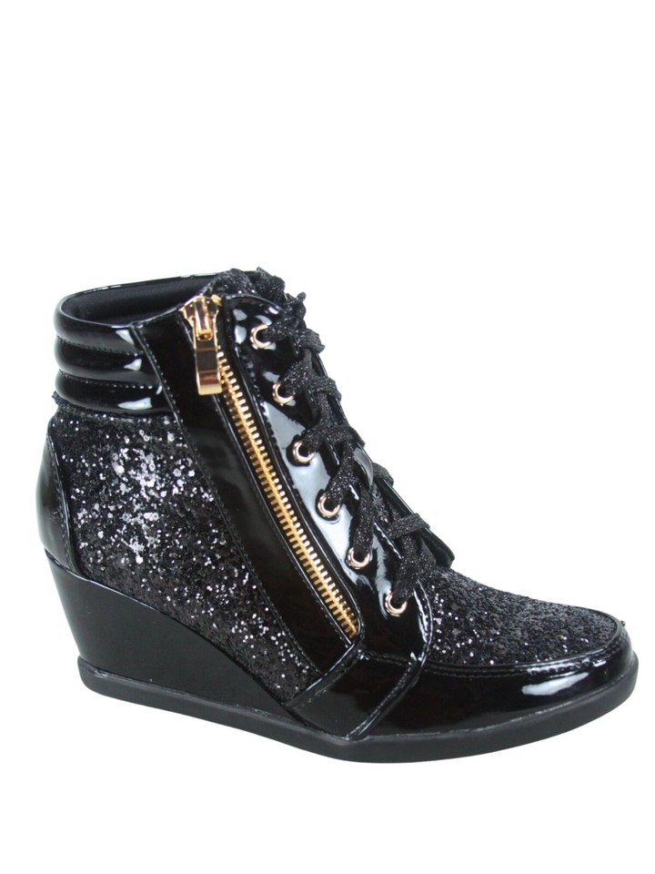 Women's Shiny Patent Glitter Ankle Wedge Lace UP Party Sneaker Booties ...