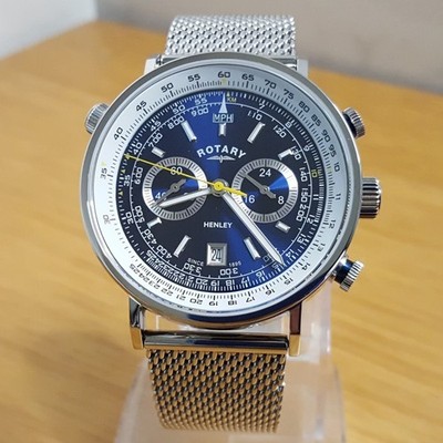 Mens Steel Milanese Rotary Henley Blue Face Panda Chrono Aviator Pilot ...