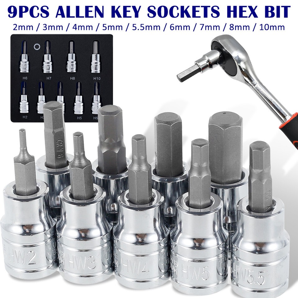 9pcs Allen Key Sockets Hex Bit Socket Set 3/8" Drive Drill Metric Tools ...