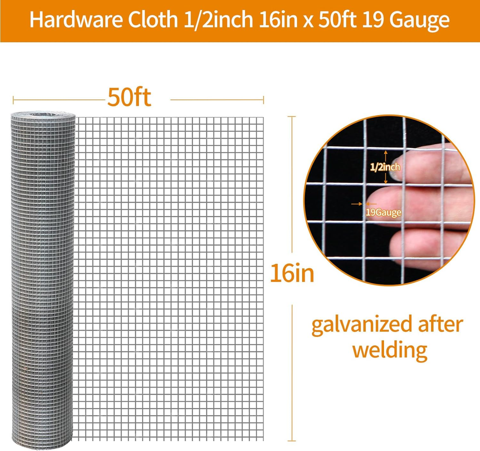 Hot-Dip Galvanized Welded Hardware Cloth,1/2Inch 19Ga 16"X50' Chicken ...