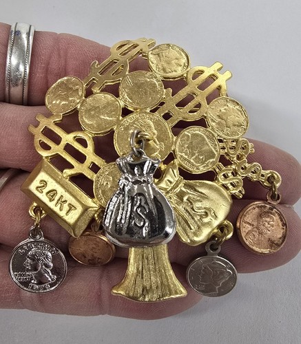 Vintage Money Tree Brooch Grows on Trees Dangle Coins Charms Large Gold ...