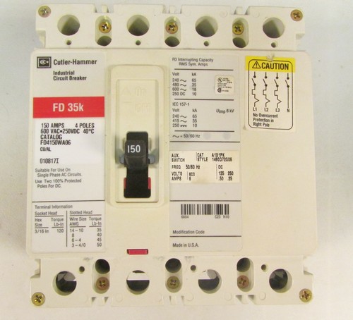 EATON CUTLER HAMMER FD4150 4 POLE 150 AMP BREAKER 1A 1B AUXILIARY ...