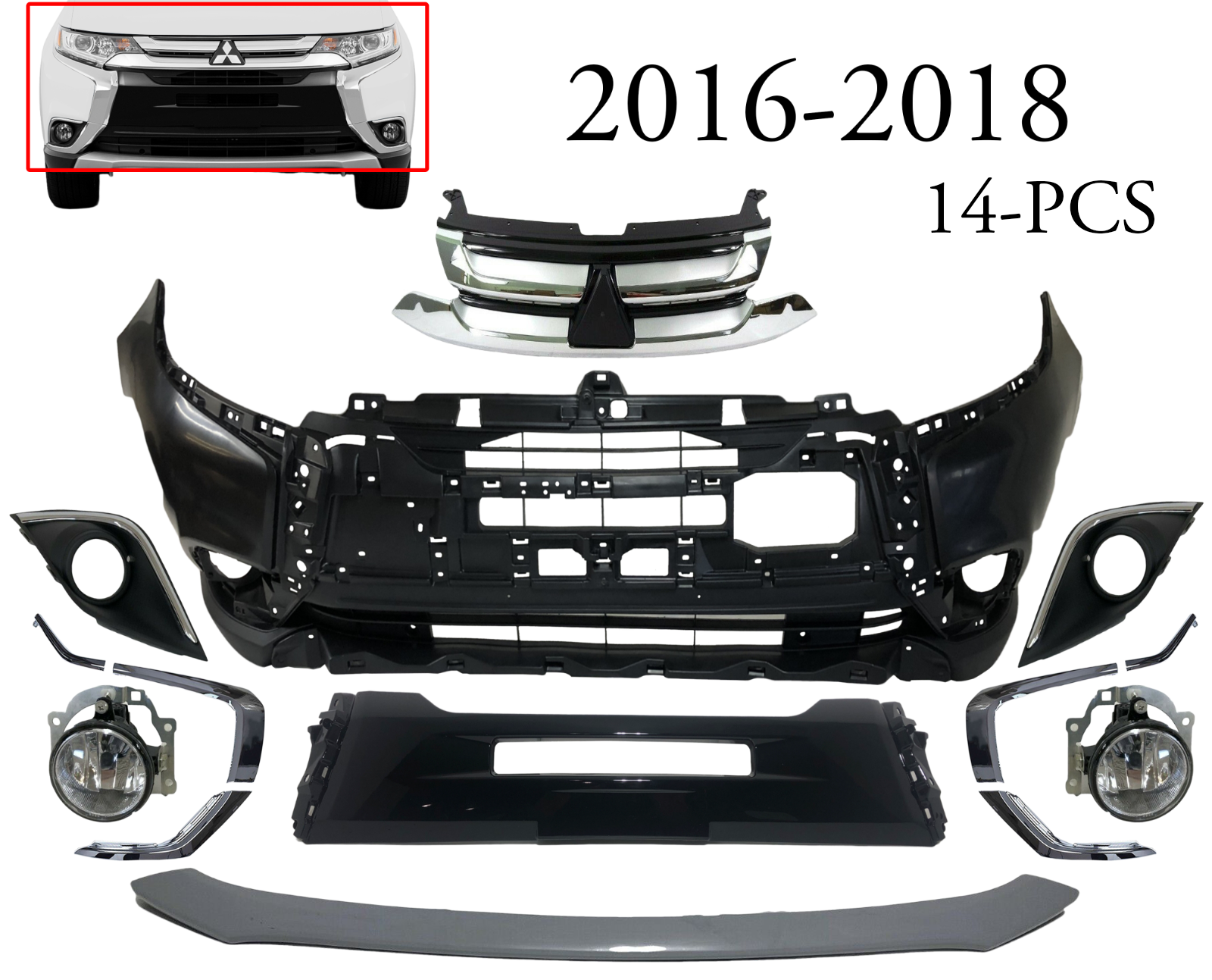 New Fits 2016-2018 Mitsubishi Outlander Front Bumper W Grille Fog Light ...