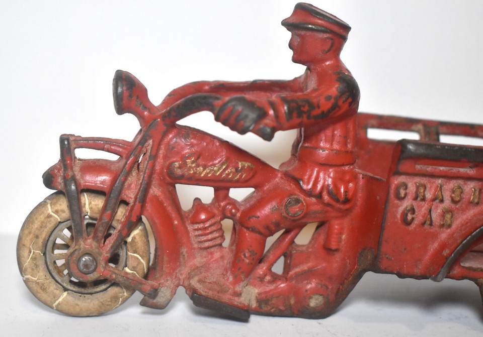 Vintage 6 1/2" 1930s Hubley Toy Indian Motorcycle Red Cast Iron Crash ...