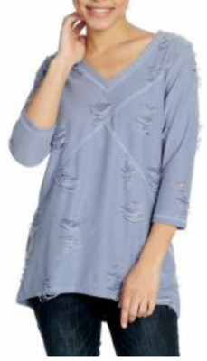 Indigo Thread Co.™ Knit 3/4 Slv Seam fringed Distress V-Neck Top L BLUE ...