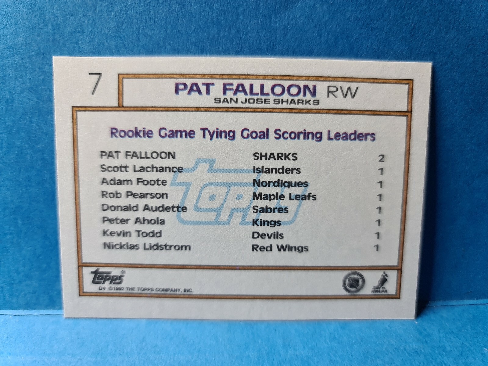 PAT FALLOON🏆1992 Topps Picture Cards #7 "S. ROOKIE" NHL HOCKEY Card🏆 ...