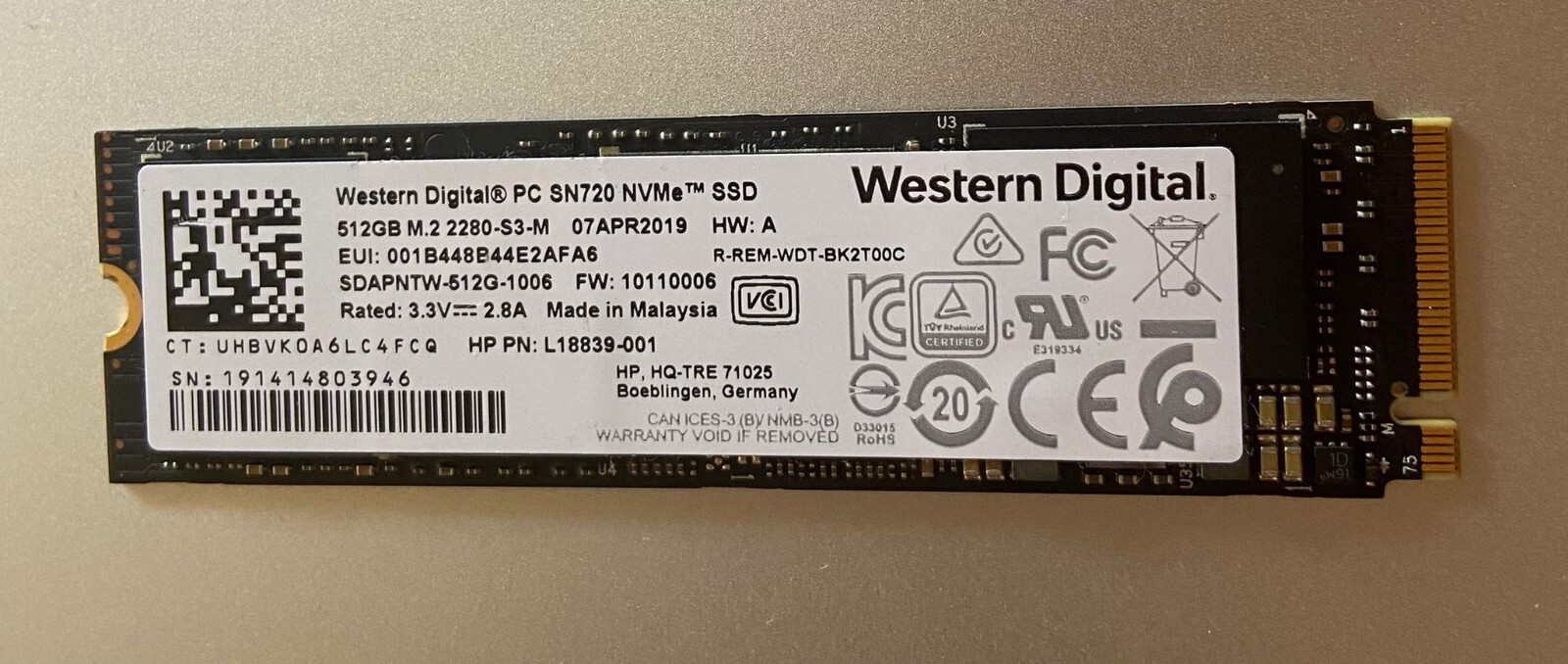 Western Digital PC SN720 NVMe SSD 512GB M.2 2280-S3-M 512GB SDAPNTW ...