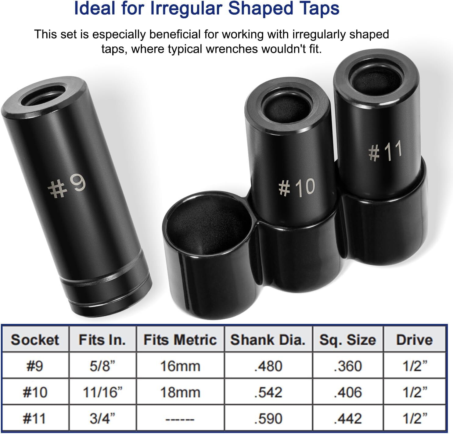 70940 Tap Socket Set, 5/8" 11/16" 3/4" #9#10#11, 1/2”Square Drive, 3 ...