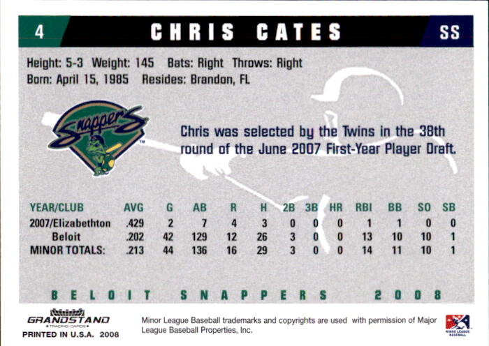 2008 Beloit Snappers Grandstand #5 Chris Cates Brandon Florida FL ...