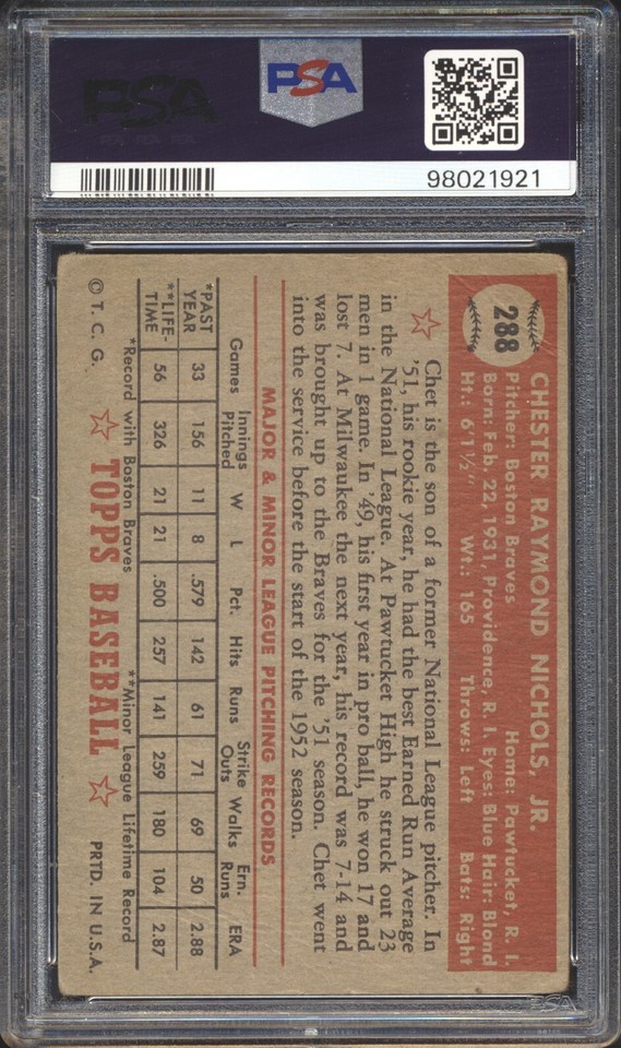 1952 Topps Baseball Chet Nichols ROOKIE #288 PSA 2 BRAVES Partial Set ...