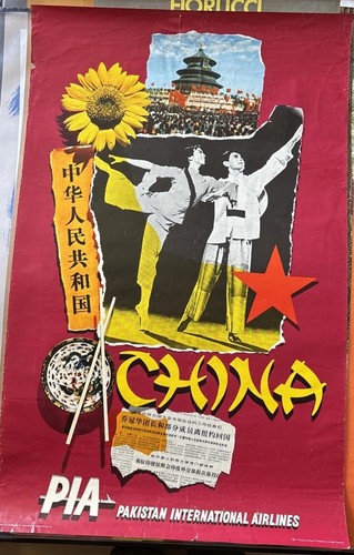 VINTAGE CHINA Travel Poster PIA Pakistan International Airways 1970's ...