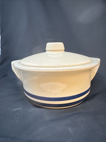Vintage Robinson Ransbottom Roseville OH Crock Beige Two Blue Stripe ...