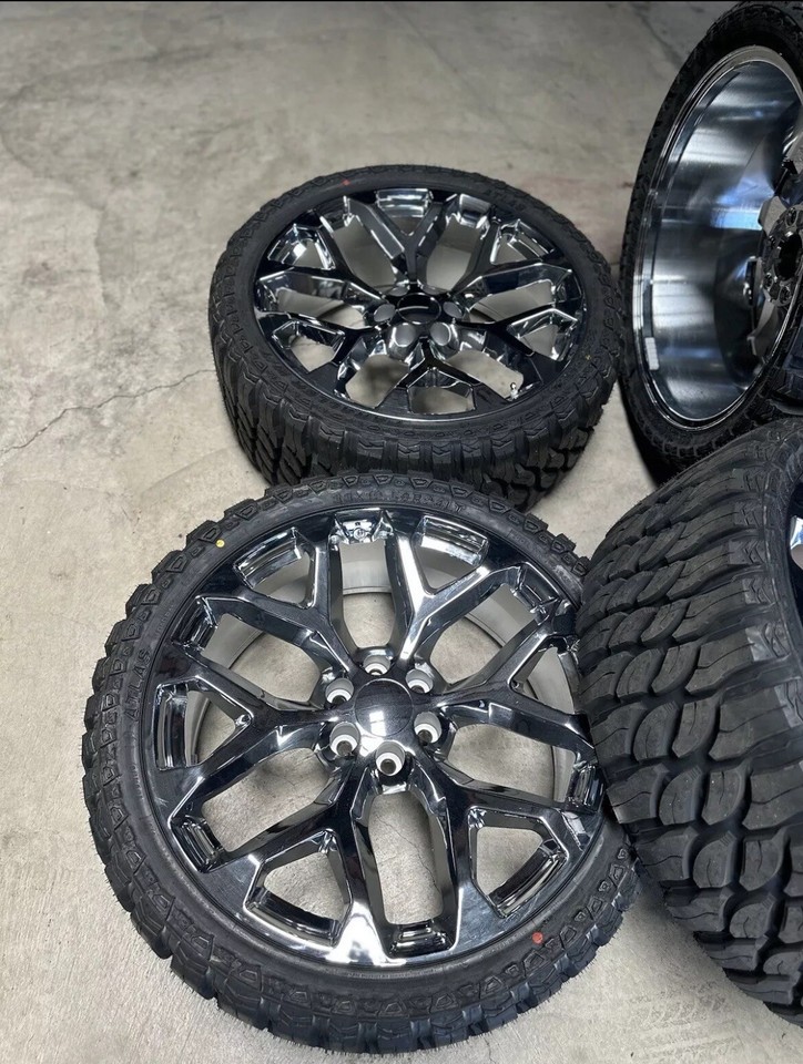 24” SNOWFLAKE CHROME WHEELS RIMS MT TIRES CHEVY SILVERADO TAHOE GMC ...