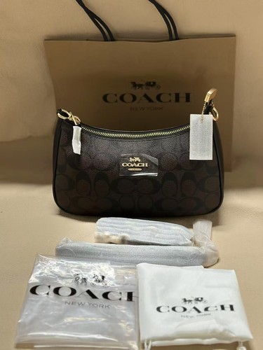 CA548 COACH New Teri Shoulder Bag Signature Coated Canvas Black Brown ...
