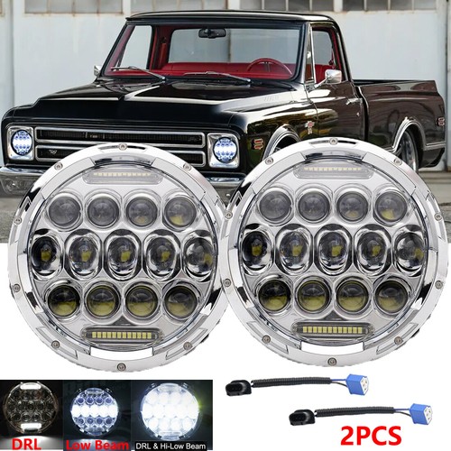 7" Inch Round LED Headlights Chrome HI-LO for Chevy C10 Camaro Pickup ...