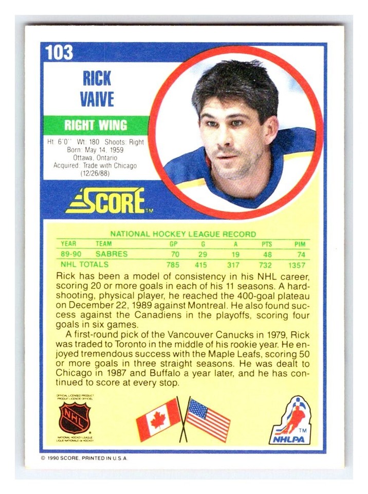 1990-91 SCORE RICK VAIVE VINTAGE NHL AUTOGRAPHED HOCKEY CARD #103 NICE ...