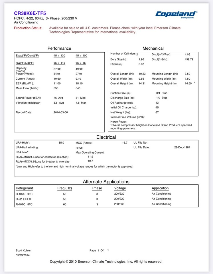 Emerson CR38K6E-TF5-875 Compressor, 200-230/3 1/2 X 3/4 Hermetic R22 ...