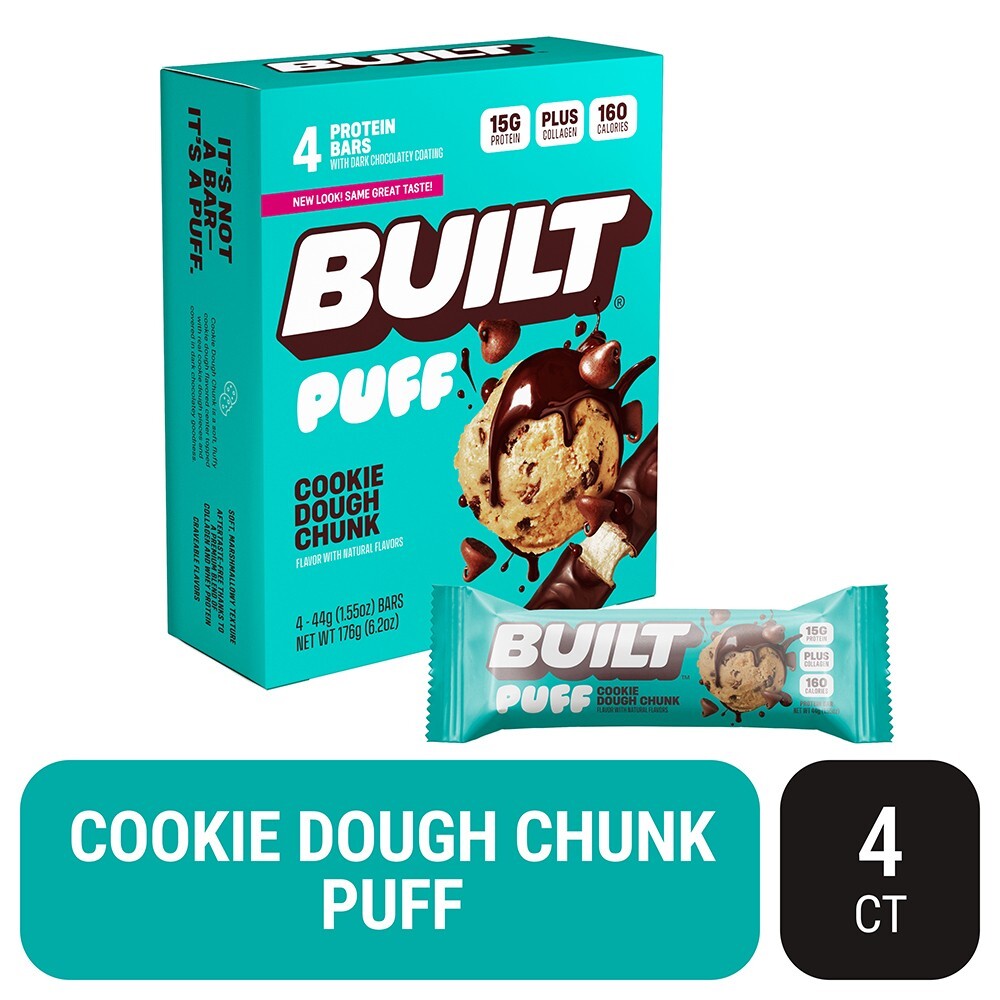 BUILT Puff Protein Bar, Cookie Dough Chunk,15g Protein,4 Count Box, 1. ...