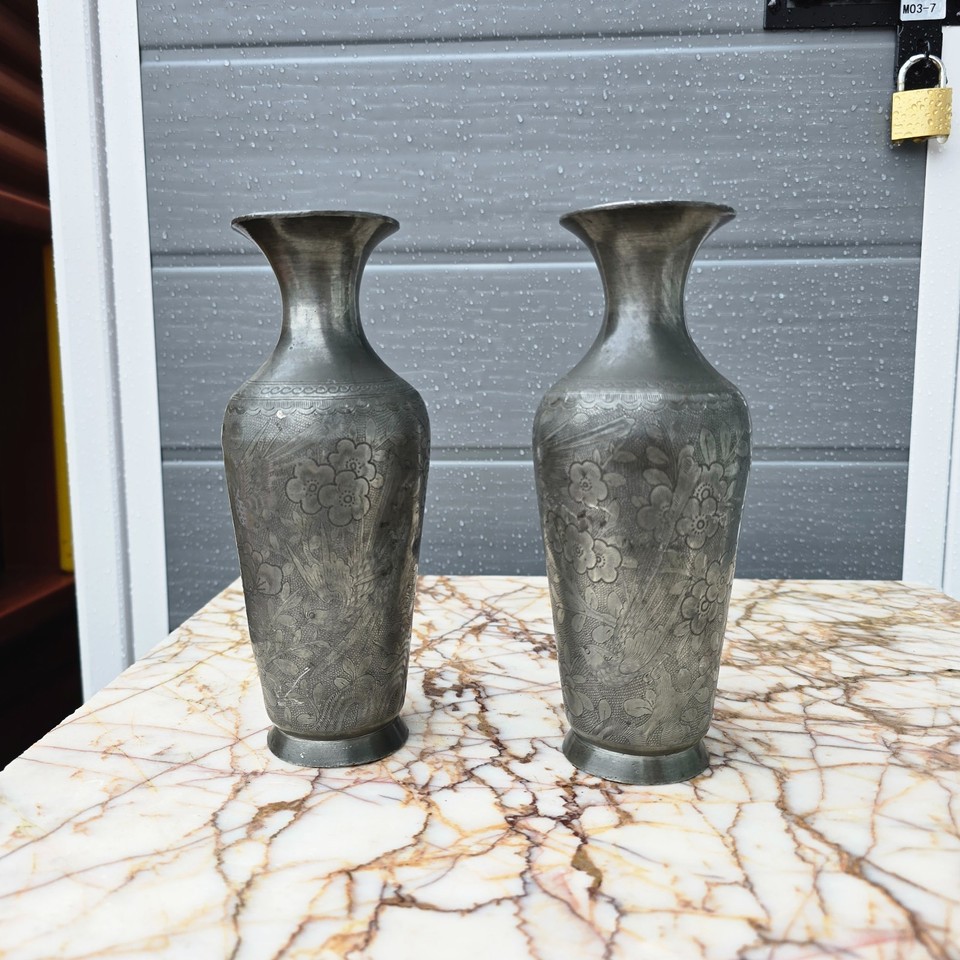 Chinese Antique Pewter Vases with bird decoration KUT HING Swatow Not ...