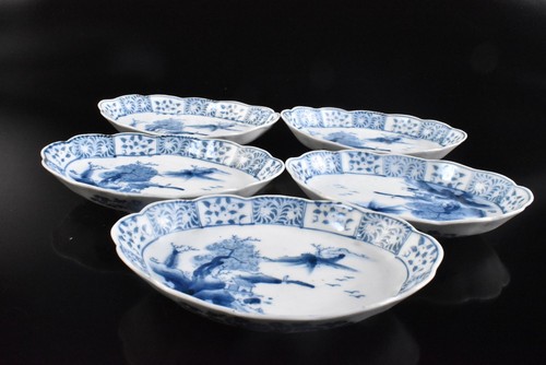 F3892: Japanese Old Seto-ware Blue&White Landscape SERVING PLATE/dish ...