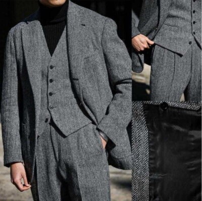 Men's Grey Wool Blend Suit Herringbone Pattern Vintage English Style ...