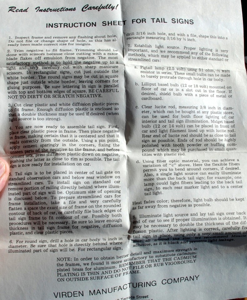 Prospector Light Weight Tail Sign for Passenger Cars Virden Manf Co HO ...