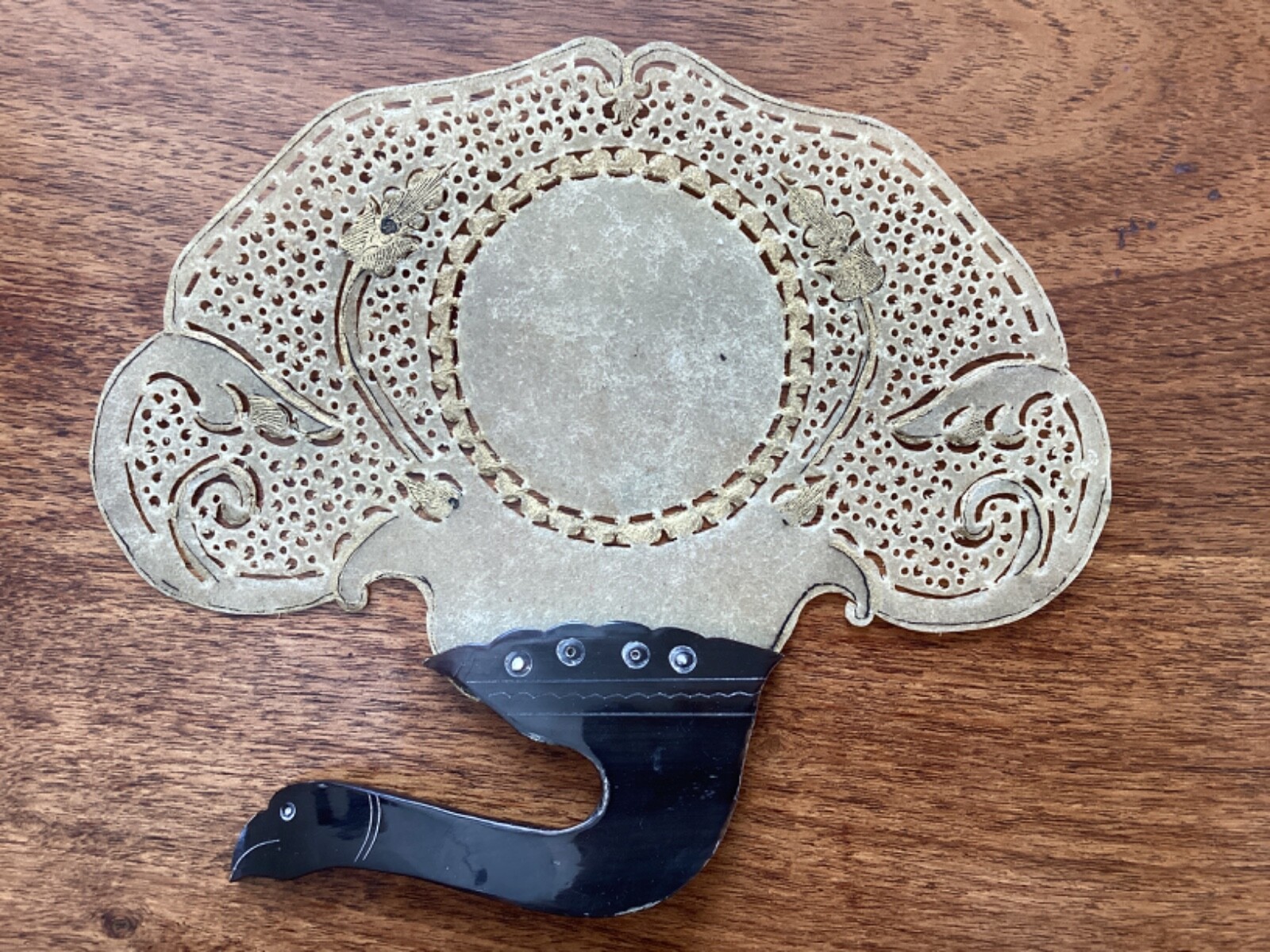 Antique Indonesian Fixed Hand Fan Peacock Pierced Hid… - Gem
