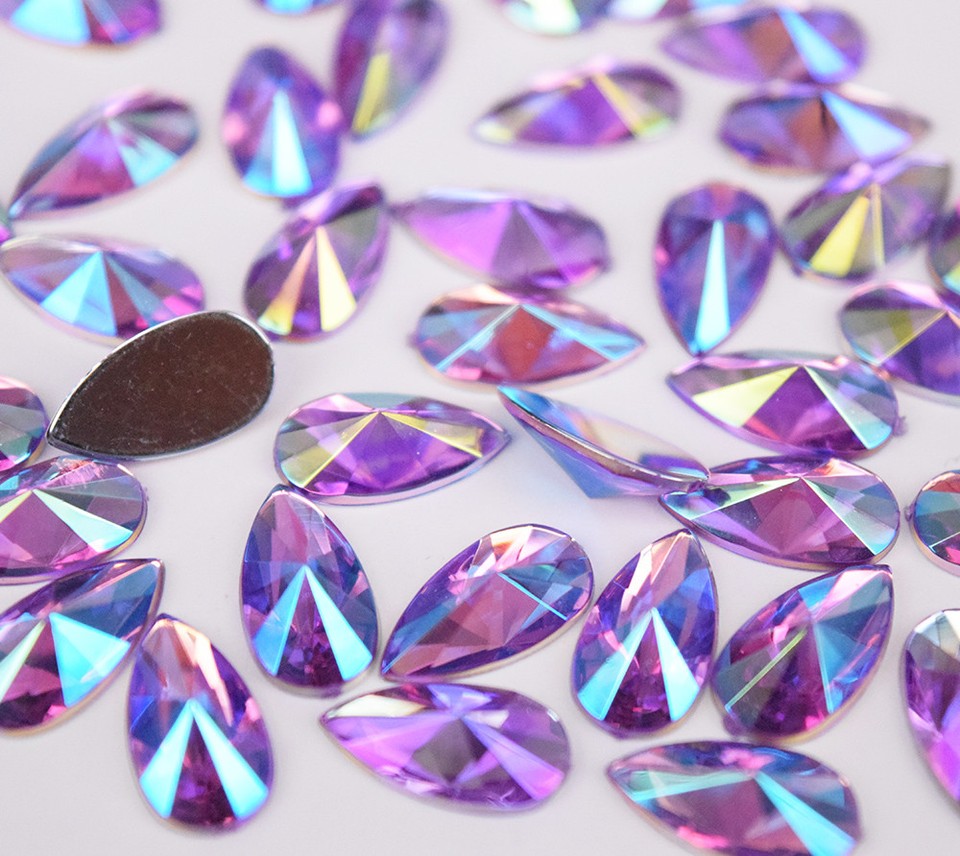 100 pcs Acrylic Rhinestone Teardrop Color AB Flat Back Jewels Faceted ...