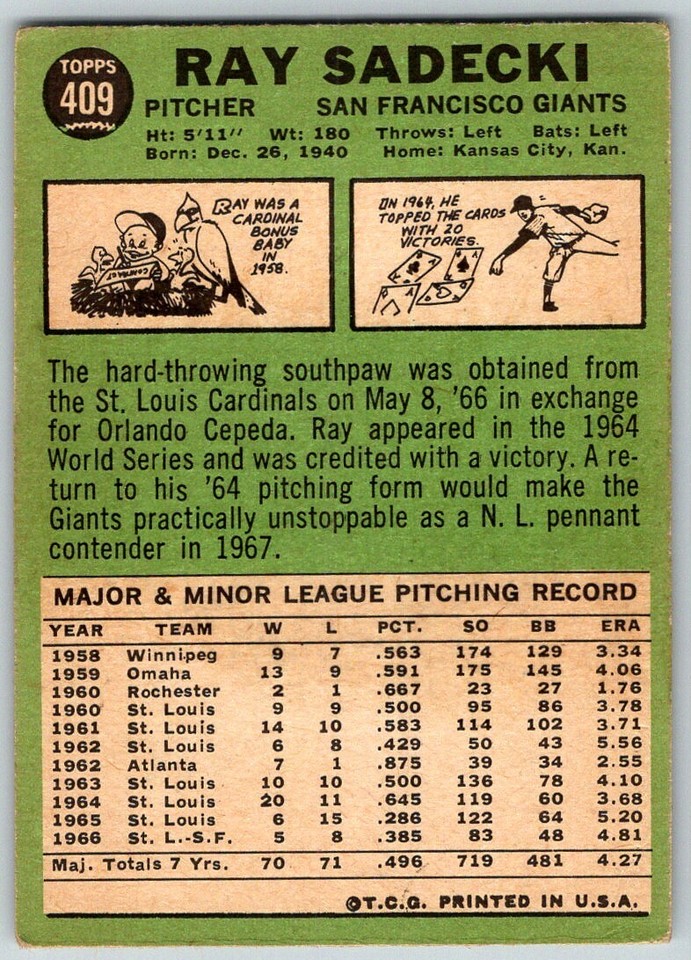 1967 Topps RAY SADECKI #409 Giants crease - FREE Ship! | eBay