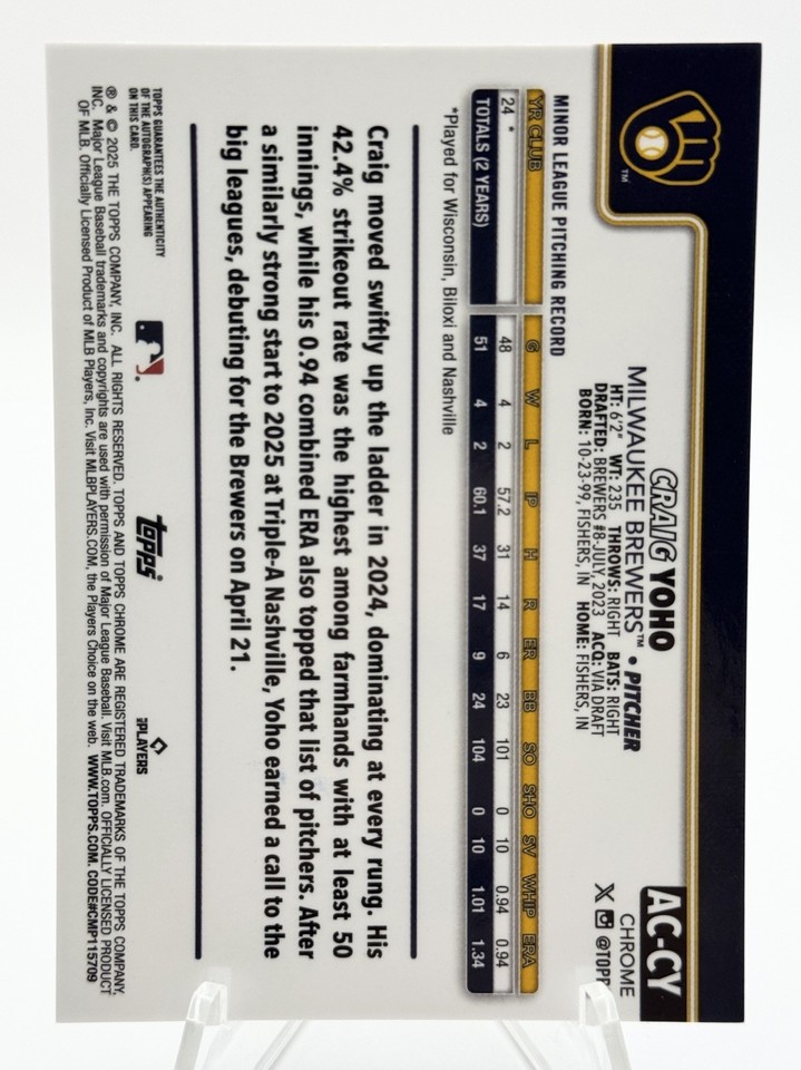 2025 Topps Chrome Update Craig Yoho Auto RC Rookie #AC-CY Brewers | eBay