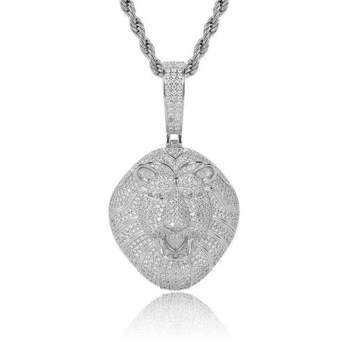 Mens Full Iced CZ Out Lion Head Pendant Necklace Silver Plated Pendant ...