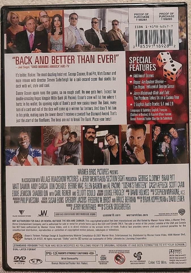 Ocean's Thirteen (DVD, 2007 Full Screen) George Clooney, Brad Pitt ...
