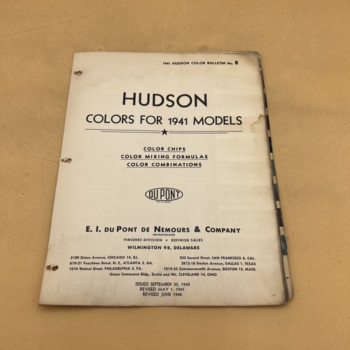 1941 ‘41 Hudson Color Paint Chip Sample Chart - DuPont Auto Bulletin No ...