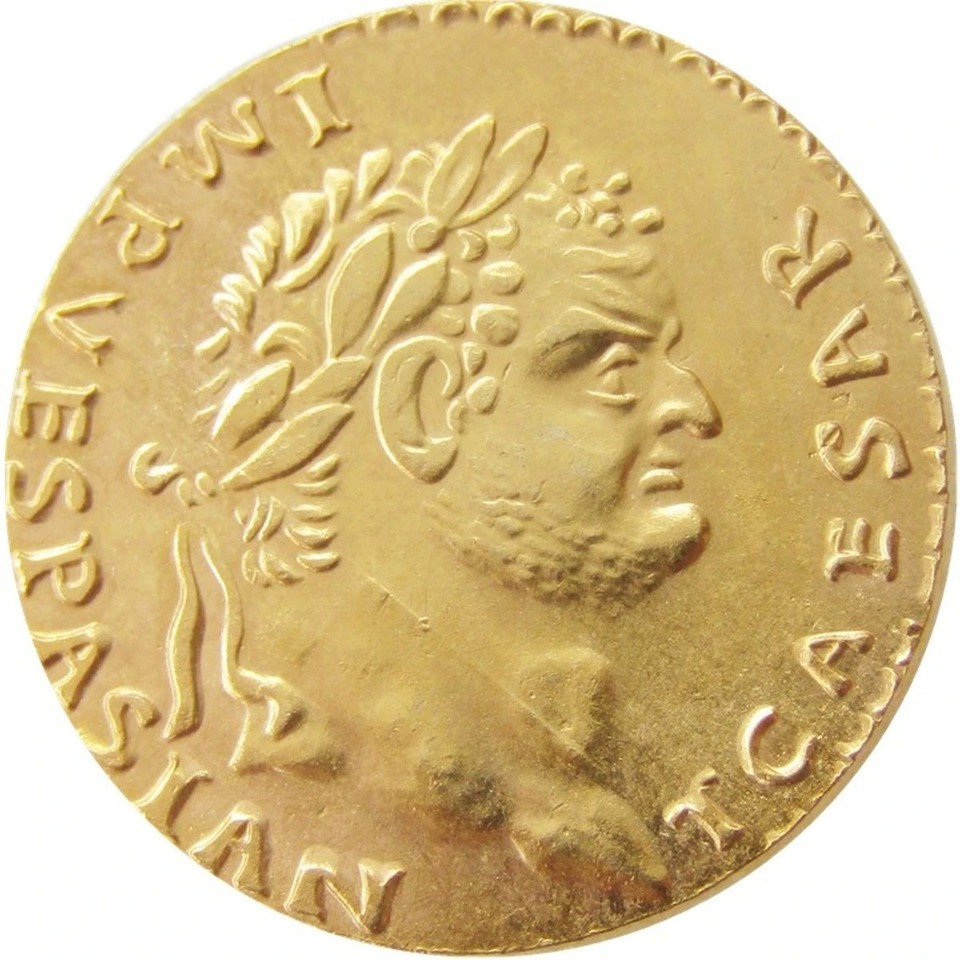 Aureus head of Vespasian bull butting right, lashing his tail, left and ...