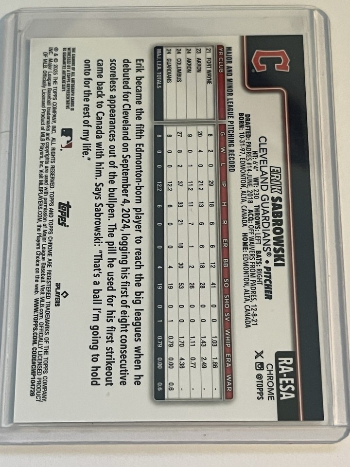 2025 Topps Chrome Auto Erik Sabrowski RA-ESA Guardians | eBay