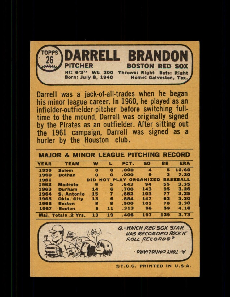 1968 DARRELL BRANDON TOPPS #26 RED SOX *R4481 | eBay