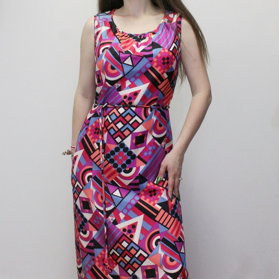 Vintage 60s Funky Column Maxi Dress Optical Illusion Geometric Print ...