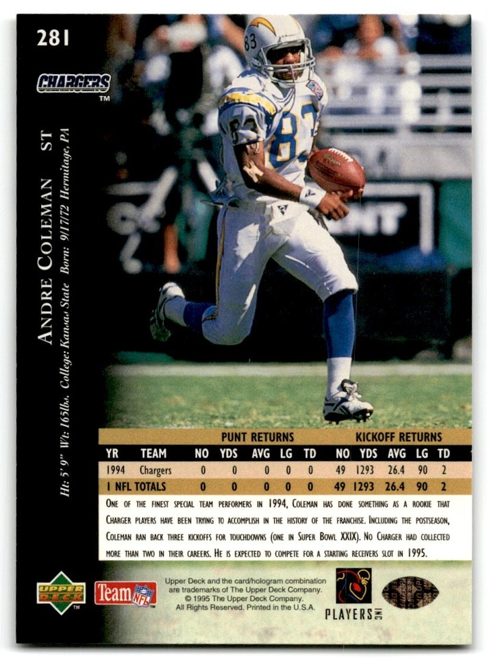 1995 Upper Deck Andre Coleman San Diego Chargers #281 | eBay
