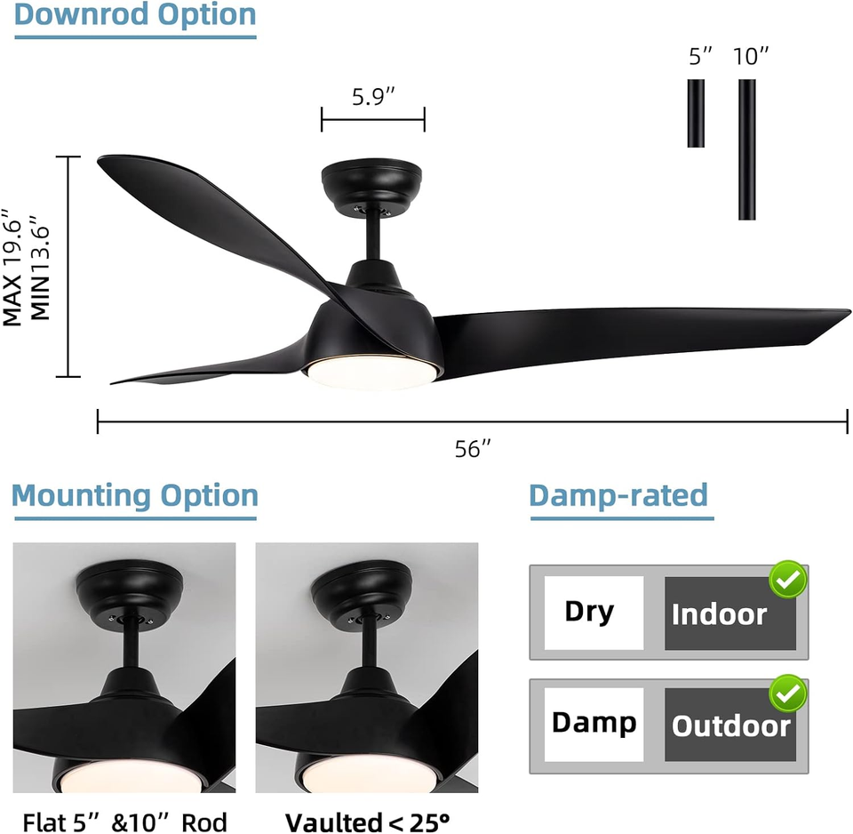 Ceiling Fan with Lights, 56 Inch Outdoor Ceiling Fan with Remote ...